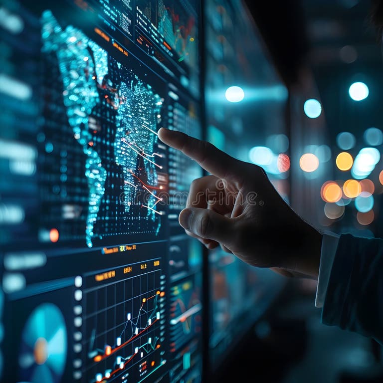 Businessman Working on a Virtual Screen in a Server Room at Night ...