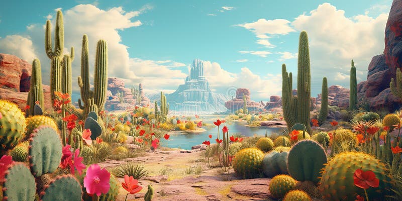 Generative AI, Psychedelic and Surreal Scenery with Cactus in the ...