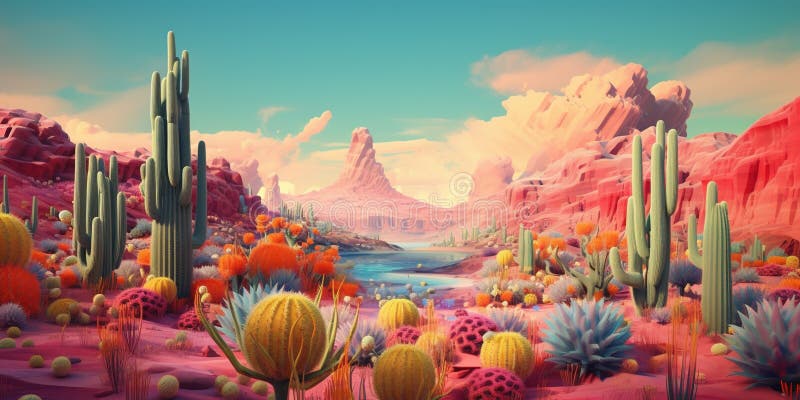 Generative AI, Psychedelic and Surreal Scenery with Cactus in the ...