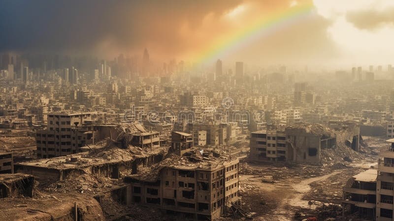 Generative AI a Rainbow Over the Ruins of a City Destroyed Stock ...