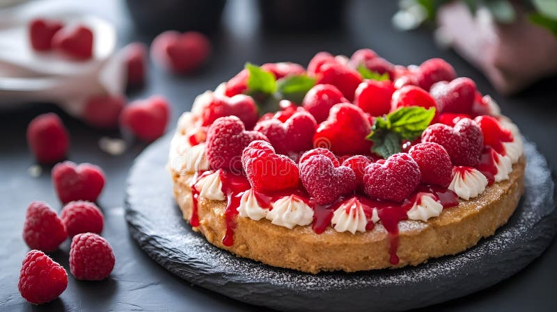 Generative AI Raspberry Topped Cake with Whipped Cream on Slate Platter ...