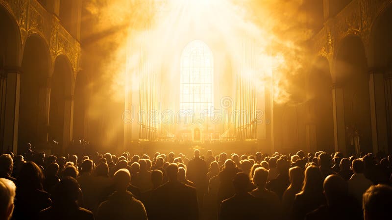 Generative AI Rays of Light Stream through Cathedral To Gathered People ...