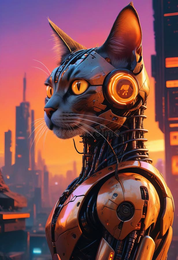 Real Cat with Headphones in the Style of Cyborg Stock Illustration ...