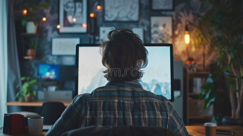 Generative AI Rear View of Young Man Sitting at His Workspace and Using ...