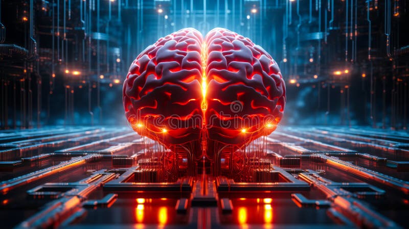 Red Illuminated Artificial Intelligence Brain in a Futuristic Data ...
