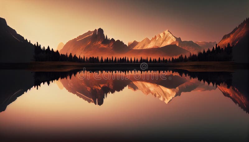 Generative AI, Reflections at Sunset: a Mountain Lake Mirage Stock ...
