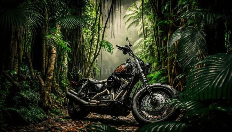 Generative AI Rendering of a Classic Motorcycle in a Jungle with Palm ...