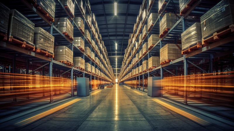 Generative AI Retail Warehouse Full of Shelves with Cardboard Boxes ...