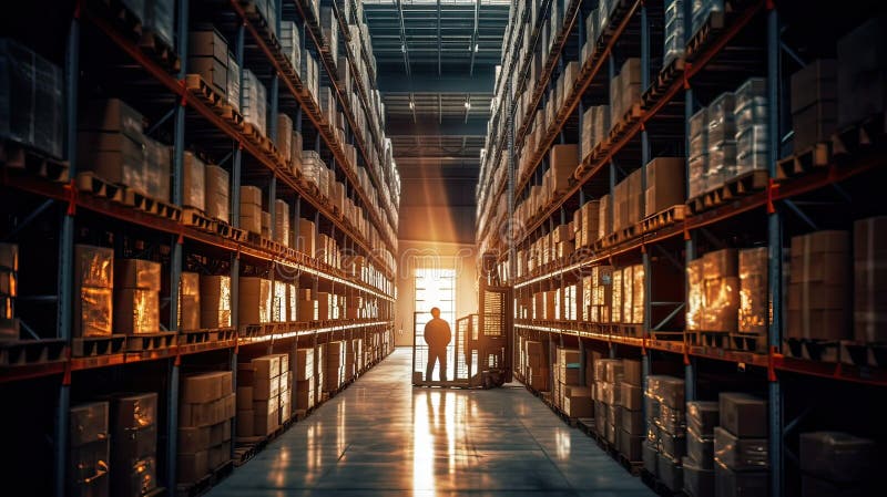 Generative AI Retail Warehouse Full of Shelves with Cardboard Boxes ...