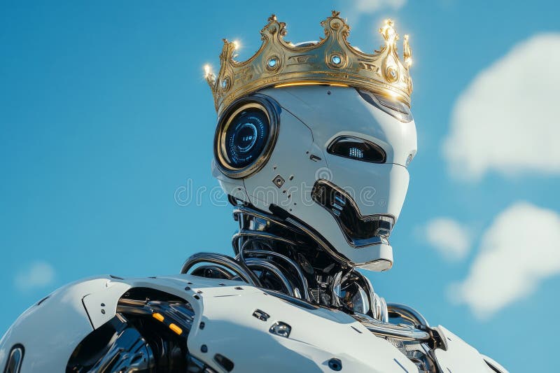 Generative Ai, Ai Robot with Crown Side View, Promotional Poster, Blue Background, High Tech ...