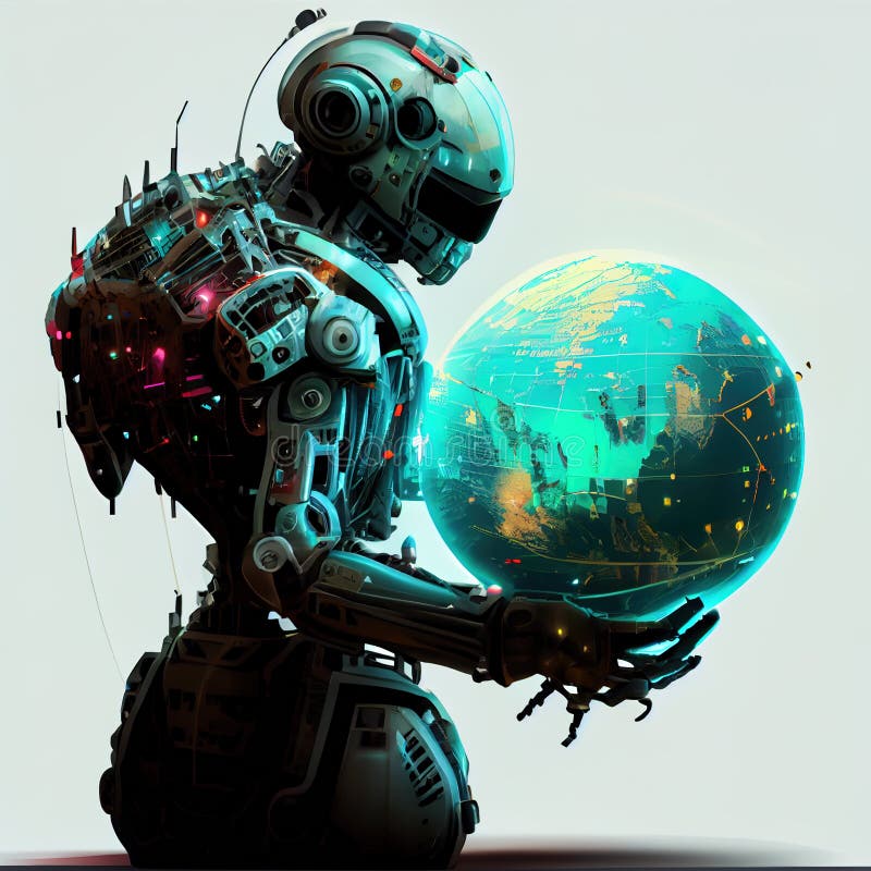 Generative AI: Robot with the World in His Hands Stock Illustration ...