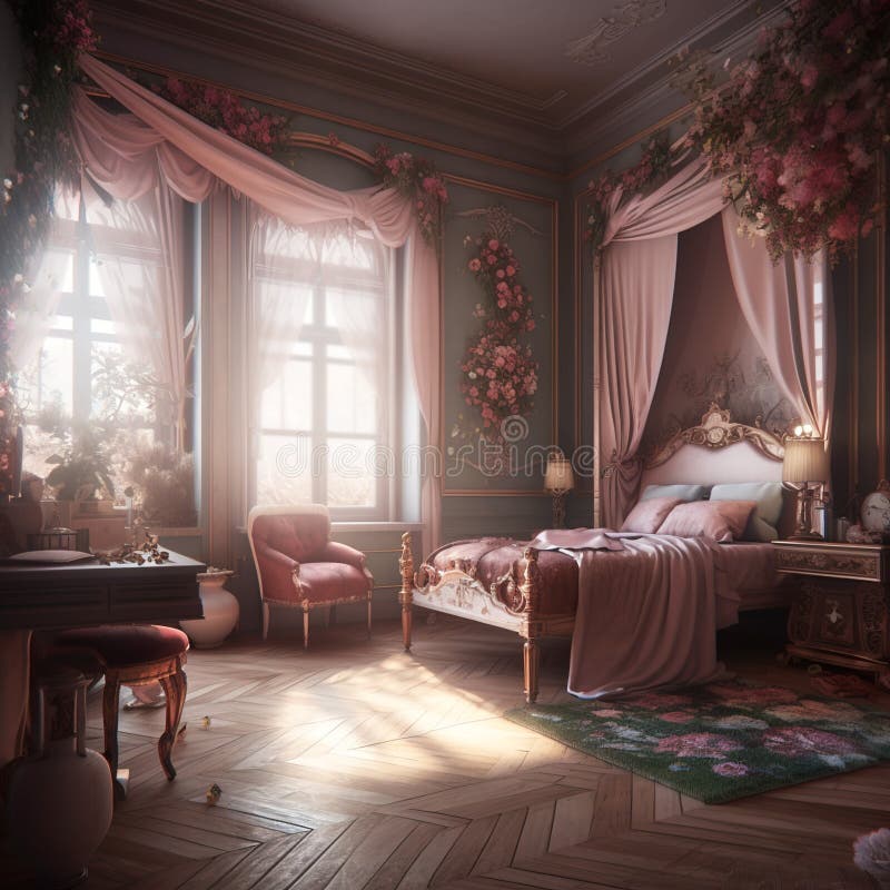 Generative AI: Rococo Bedroom with Flowers Stock Illustration ...
