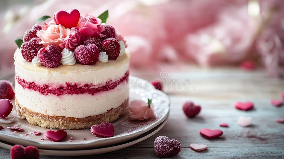 Generative AI Romantic Raspberry Layer Cake with Heart Decorations on ...