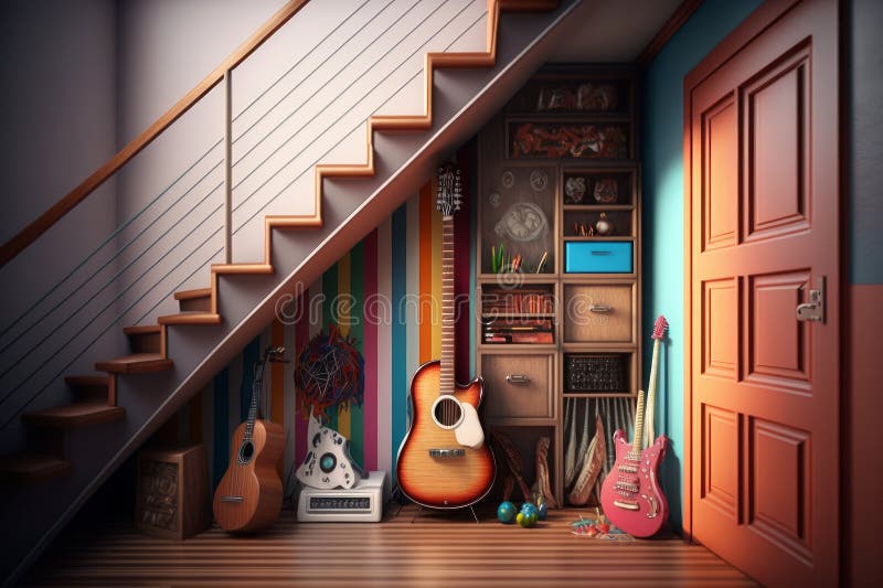 Generative AI of a Room with Guitar and Other Musical Instruments Stock ...