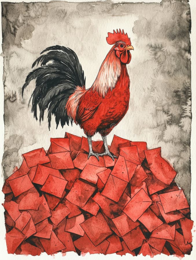 Rooster Perched on a Stack of Bricks in a Rustic Outdoor Setting during ...