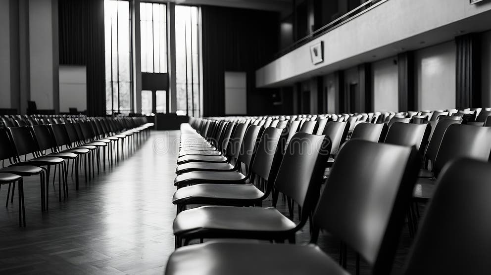 Generative AI Rows of Empty Black Chairs in Modern Conference Hall with ...