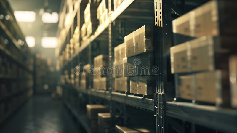 Generative AI Rows of Shelves with Boxes in Factory Warehouse Business ...