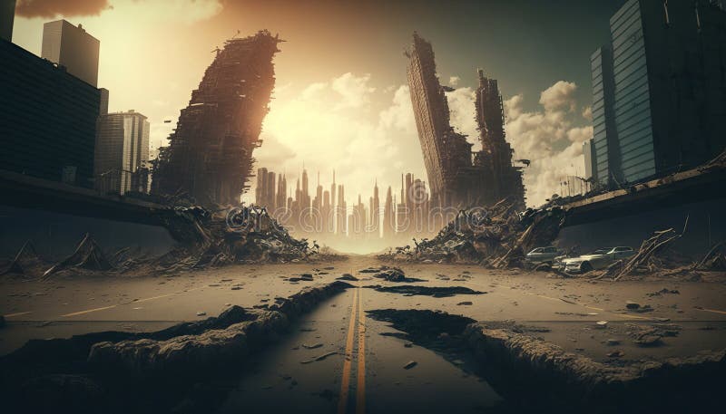 Generative AI of an Ruins City in the Middle of the Road Stock ...