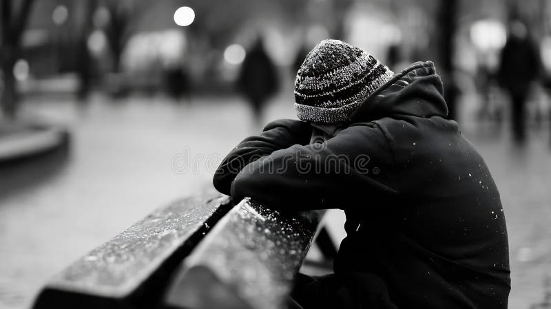 Generative AI Sad Figure Resting with Head Down on a Bench in a Blurred ...