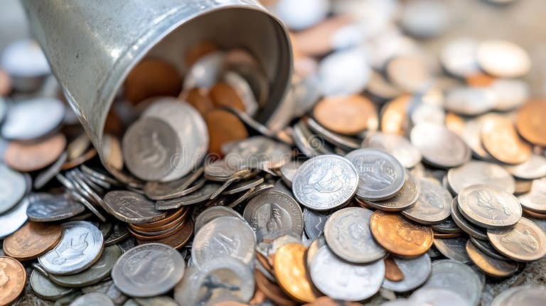 Generative AI Scattered Coins Spilling from a Container on a Surface ...
