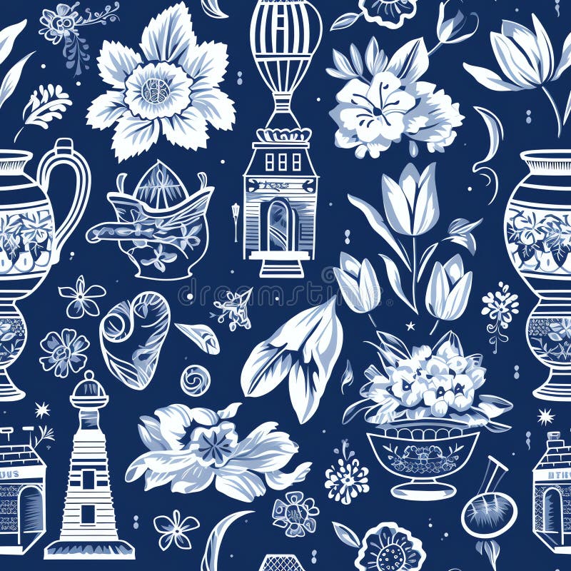 Generative AI Seamless Vector Delftware Pattern- Stock Illustration ...