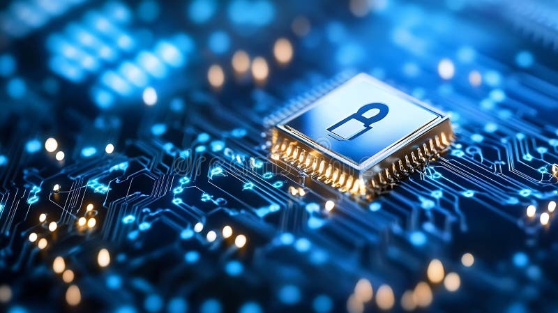 Generative AI Secure Microchip on Circuit Board Illuminated with Tiny ...