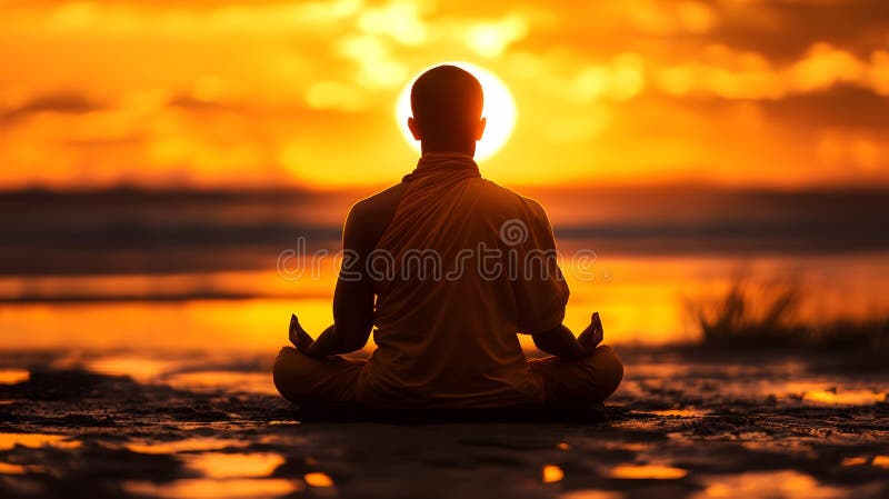 Generative AI Serene Meditation by the Ocean at Sunset with Peaceful ...