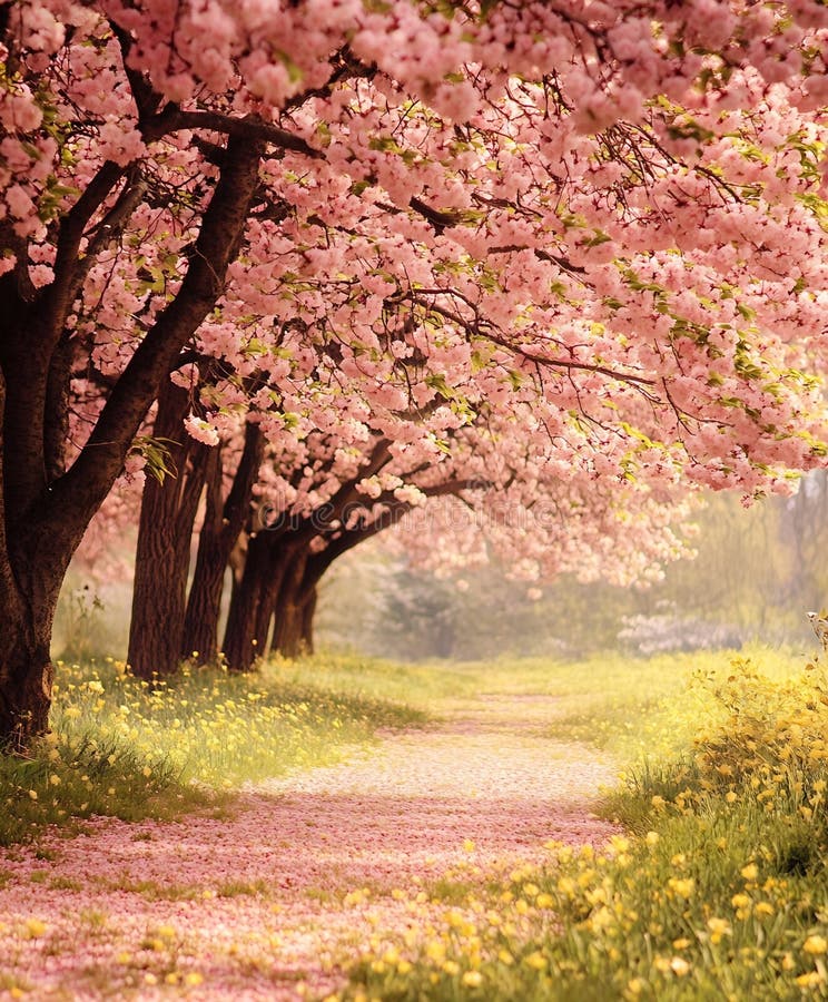 Generative AI Serene Spring Path with Blossoming Cherry Trees and ...