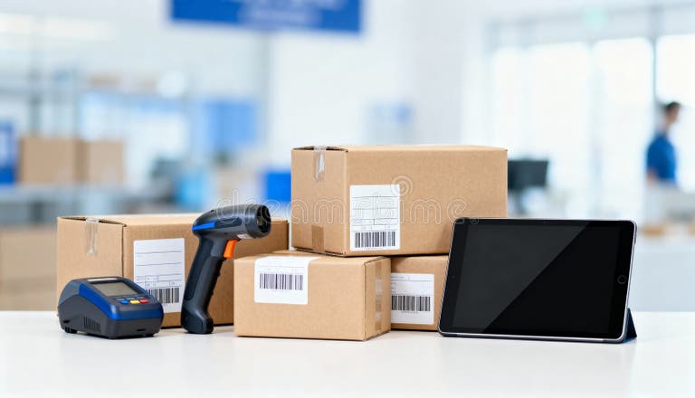 Generative AI Shipping Logistics Cardboard Boxes Barcode Scanner and ...