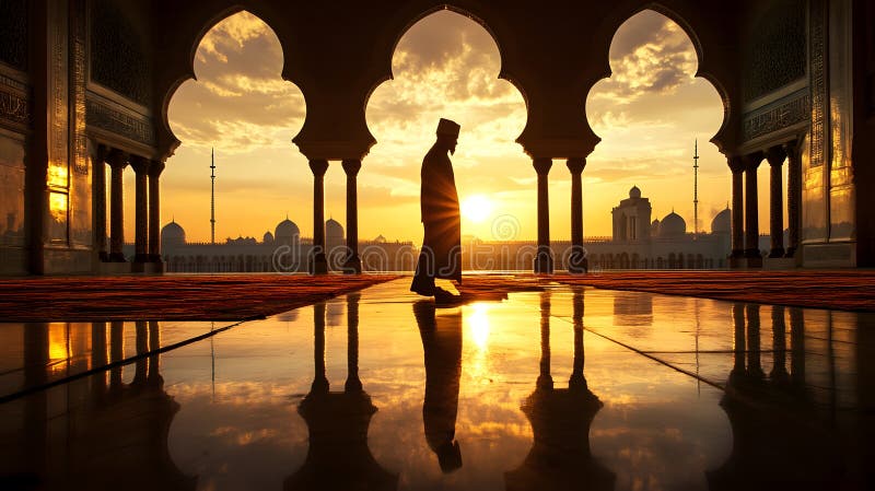 Generative AI Silhouette of Devout Muslim in Serene Mosque at Dramatic ...