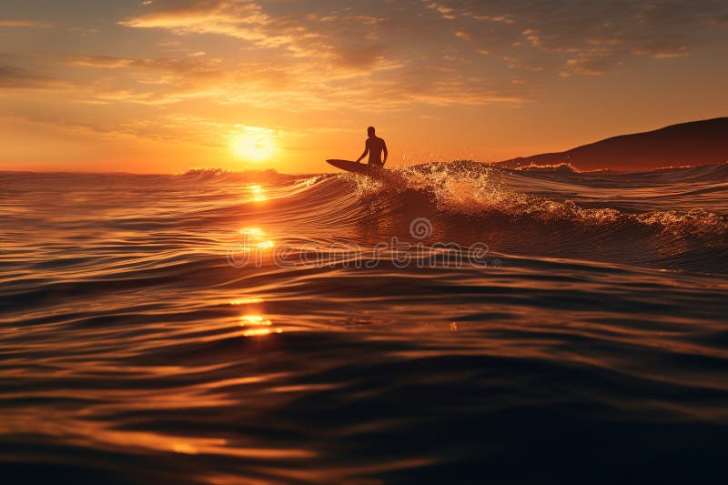 Silhouette of a Man Surfing at Sunset in the Ocean Stock Illustration ...