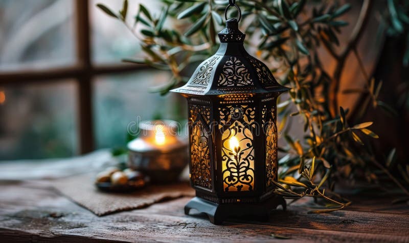 Single Intricate Moroccan Lantern on a Rustic Table with Olive Branches, Creating a Tranquil and ...