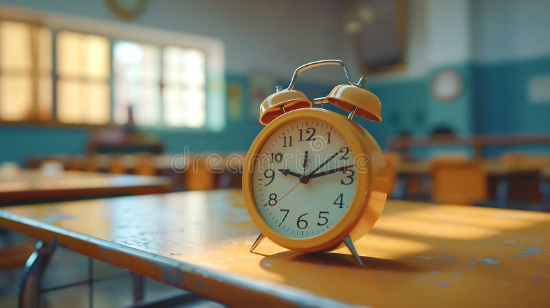 Generative AI a Small Alarm Clock on a Desk in an Empty Classroom ...