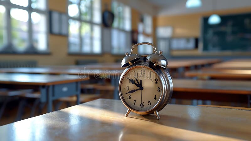 Generative AI a Small Alarm Clock on a Desk in an Empty Classroom ...