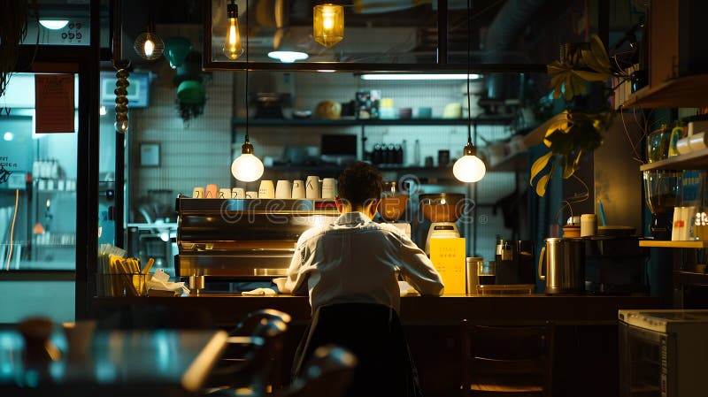 Generative AI Smartman Working in Cafe Back View in Night Time ...