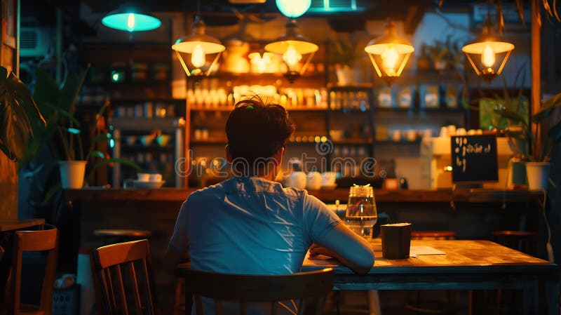 Generative AI Smartman Working in Cafe Back View in Night Time ...