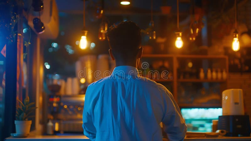 Generative AI Smartman Working in Cafe Back View in Night Time ...