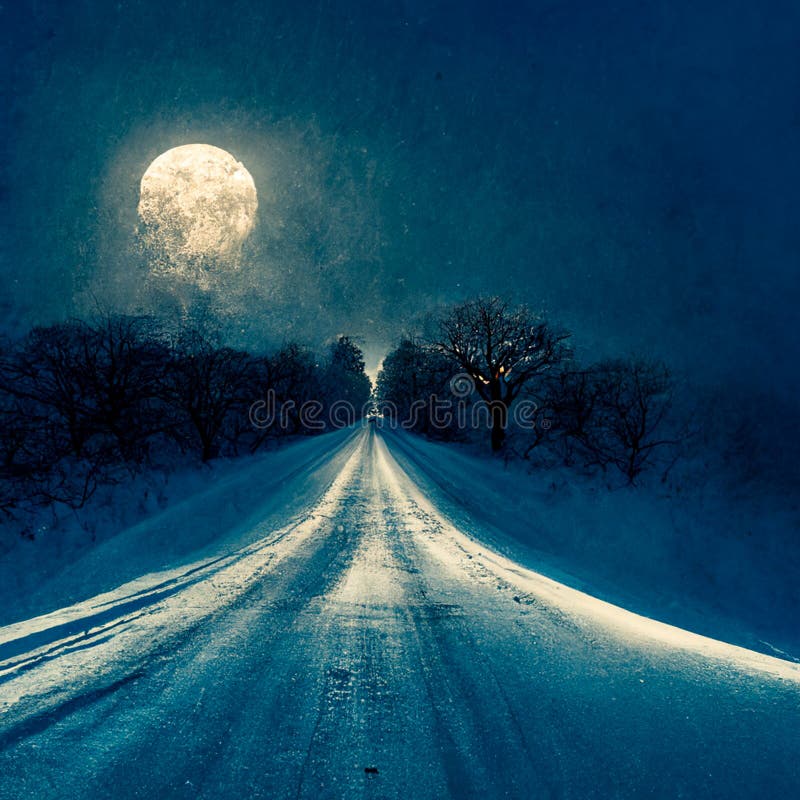 GENERATIVE AI, GENERATIVE, AI, Snow-covered Road at Night in the ...
