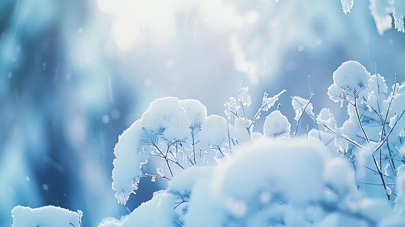 Generative AI Snowcovered Plants in Winter Forest during Snowfall Macro ...