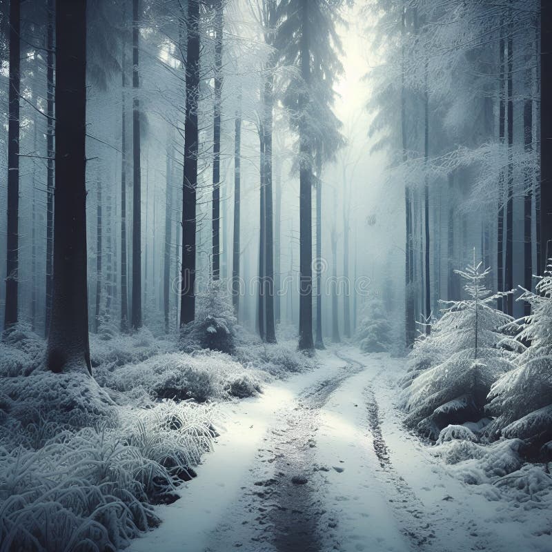Generative AI Snowy Forest Scenery in Winter Stock Illustration ...