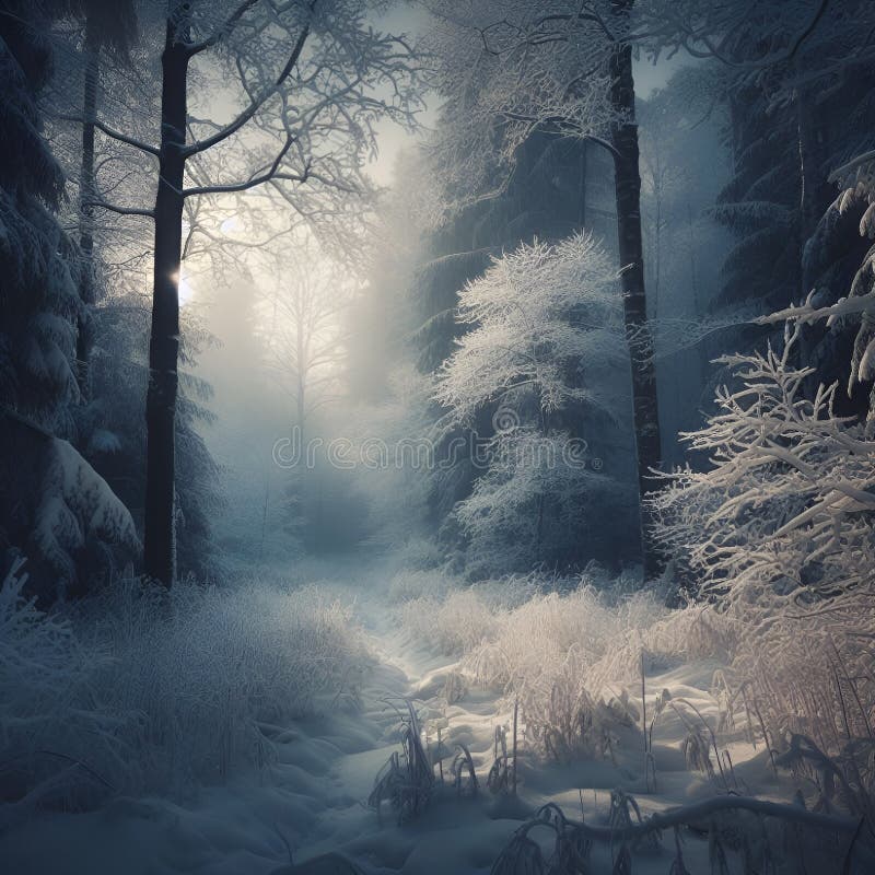 Generative AI Snowy Forest Scenery in Winter Stock Illustration ...