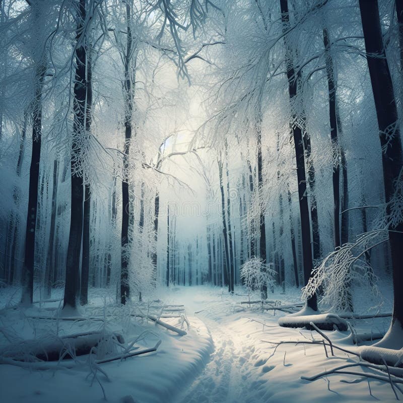 Generative AI Snowy Forest Scenery in Winter Stock Illustration ...
