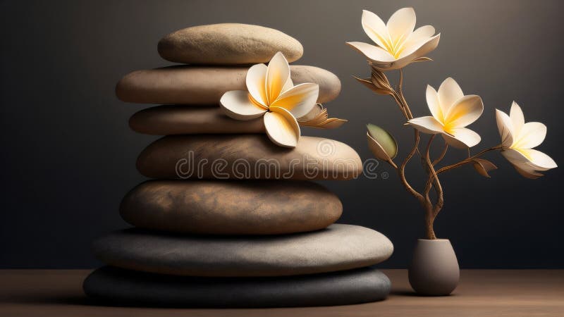 Generative AI Spa Zen Stones Stacked with Flowers Stock Illustration ...