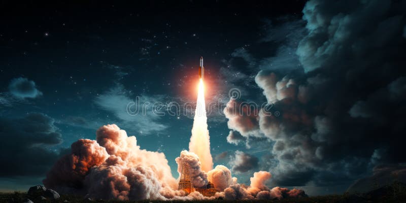 Space Exploration Concept with Rocket Launch into Starry Sky ...