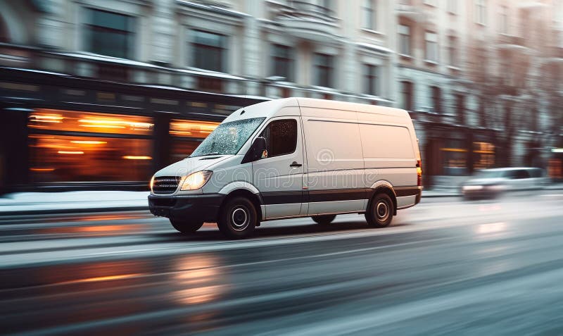 Speeding White Delivery Van in Urban Setting Captures the Fast-Paced ...