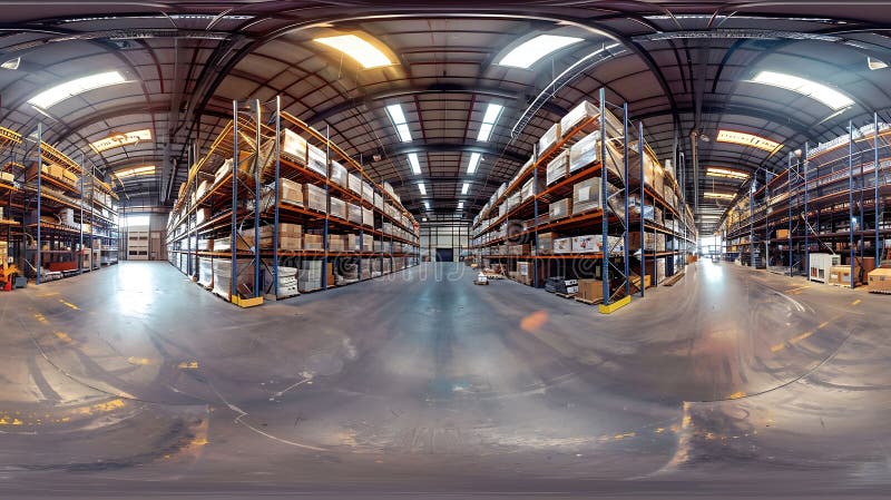 Generative AI Spherical Panorama 360 Degree of Empty Warehouse with ...