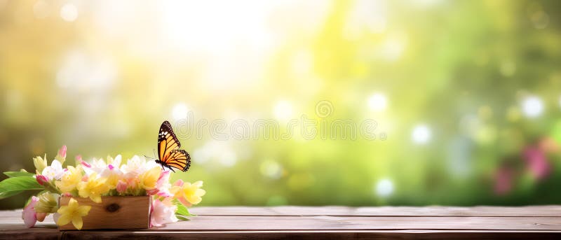 Generative AI. Spring Delight: a Sunny Garden Table with Butterfly and ...