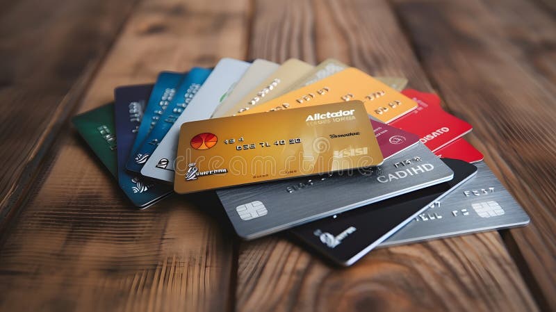 Generative AI a Stack of Credit Cards on a Wooden Surface Business ...