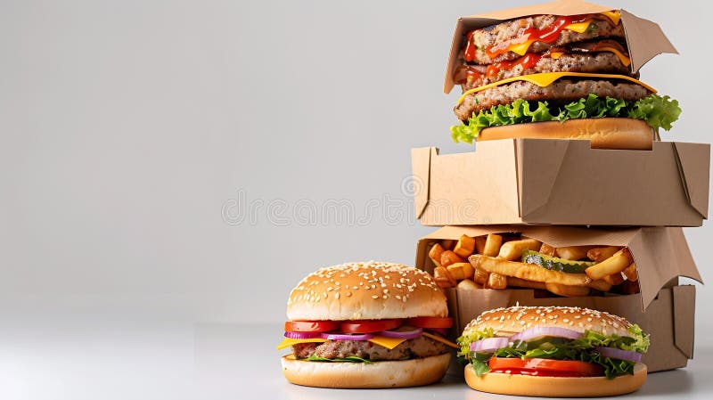 Generative AI Stack of Fast Food Boxes on White Background Business ...