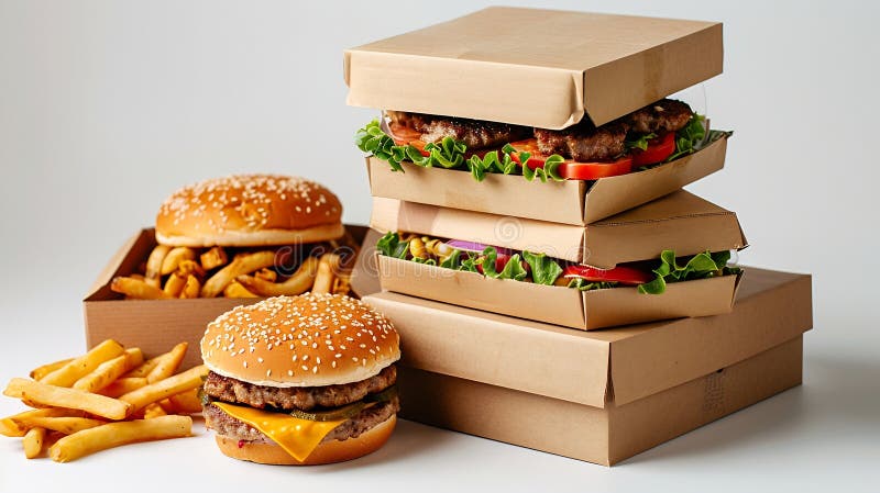 Generative AI Stack of Fast Food Boxes on White Background Business ...